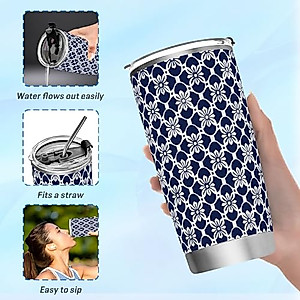sanluoli Unique Design Dark Blue Flowers Stainless Steel bottle with straw with Straw Leak Resistant Flip coffee travel mug for outdoor simply insulated coffee tumbler 20 OZ