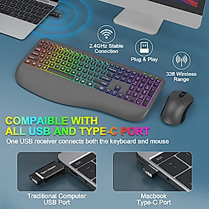 Wireless Keyboard and Mouse Combo with 7 Colors Backlit, Wrist Rest, 2.4G Rechargeable Ergonomic Full Size Light Up Wireless Keyboard and Mouse Set for Computer, PC, Mac, Laptop, Chromebook (Grey)