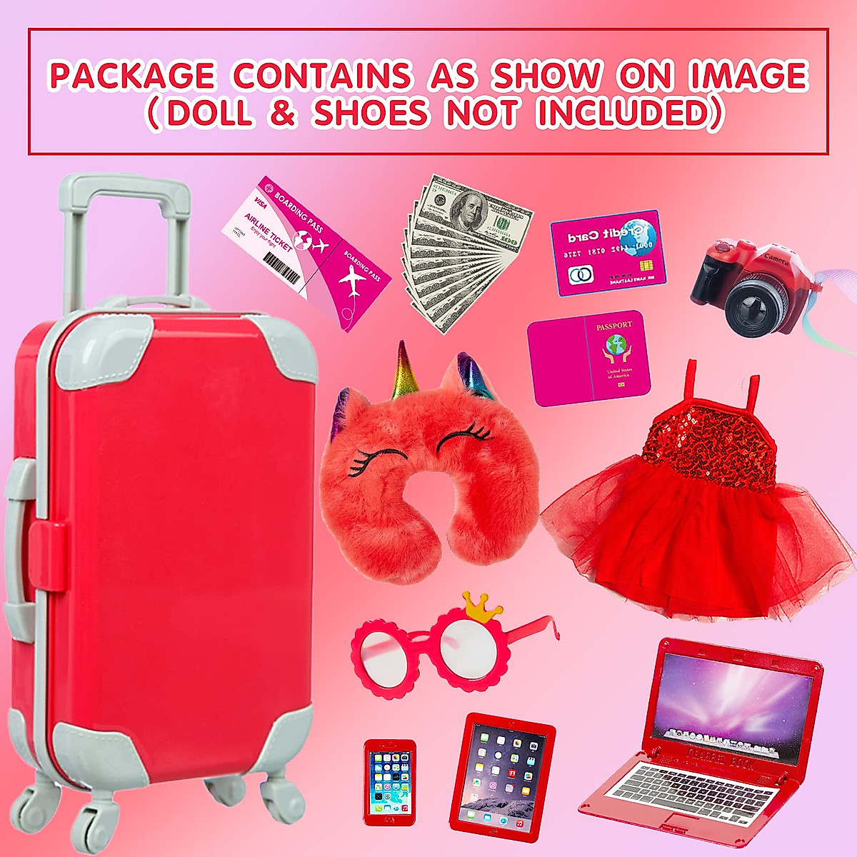 XFEYUE 18 inch Doll Clothes and Accessories - Suitcase Travel Luggage Play Set, Including Doll Clothes, Sunglasses, Camera, Computer, Mobile Phone, Unicorn Pillow Fit 18 inch Girl Doll