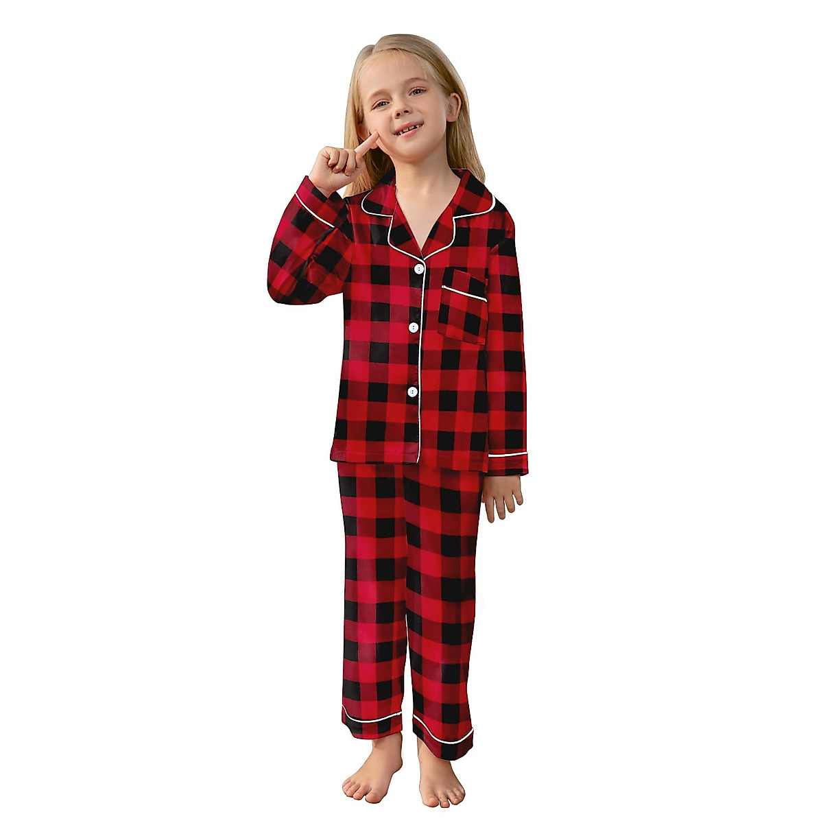 Schbbbta Christmas Family Pajamas Matching Sets Silk Satin Long Sleeve Pj Set Sleepwear, Red Black, 11-12 Years = Tag 160