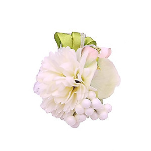 Ansuma Flower Wrist Corsage Wristlet Band Bracelet and Men Boutonniere Brooch Set for Wedding Flowers Accessories Prom Suit Decoration (X005WT)