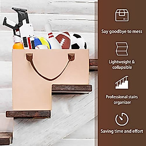 2 Pack Stair Basket with Handle, Foldable L-Shape Felt Storage Basket with 4 Pcs Supporting Insert for Carpeted Stairs, Large Staircase Organizer with Handle for Toys, Laundry, Household Items (Beige)