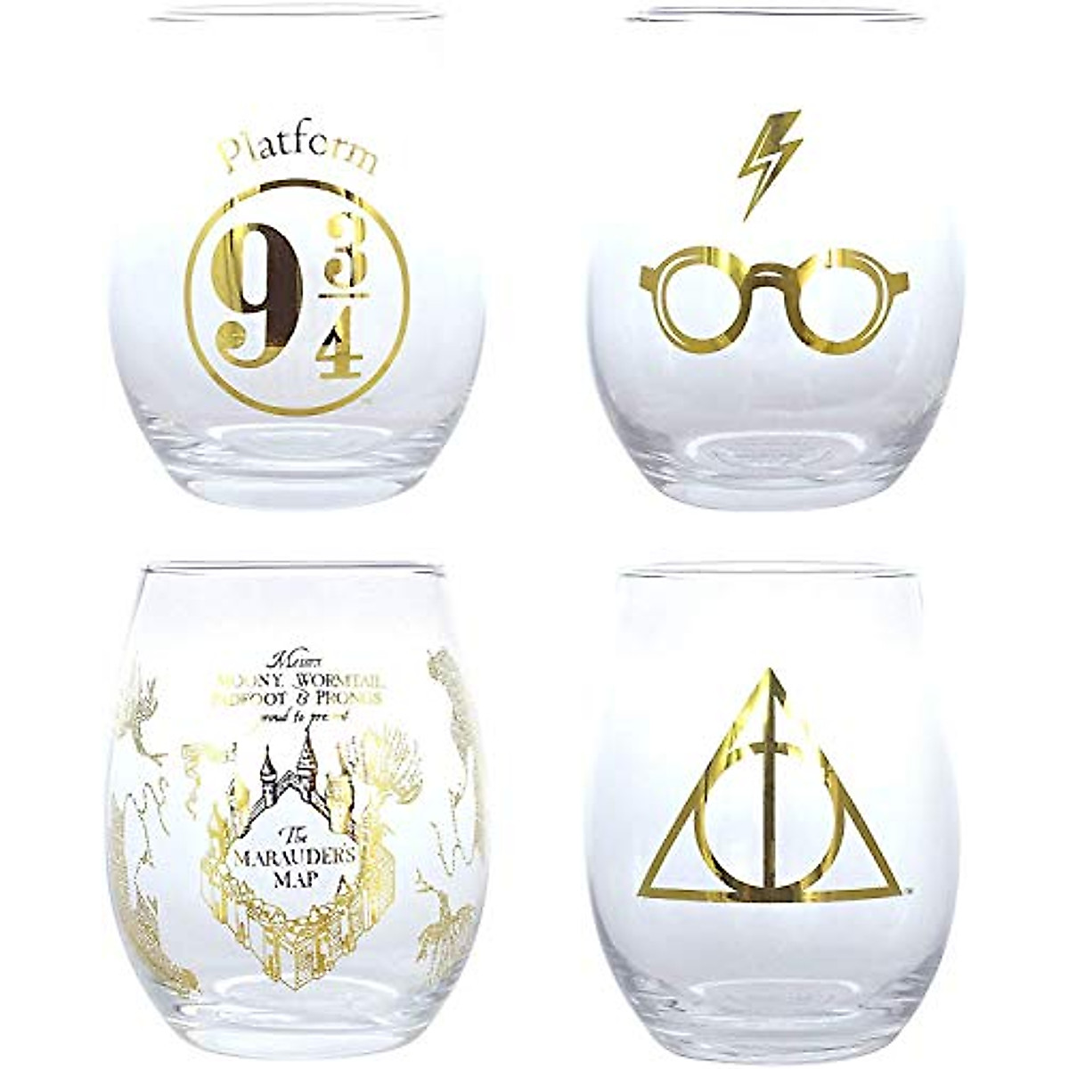 Harry Potter Stemless Wine Glasses, Set of 4 - Gold Harry Potter Symbols and Designs - Glass - 17 oz