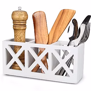 Wooden Cutlery Silverware Holder Flatware Utensil Caddy Wood Silverware Organizer Storage Containers for Kitchen Countertop, Forks, Spoon, Knives Kitchen Utensil Holder White Silverware Caddies