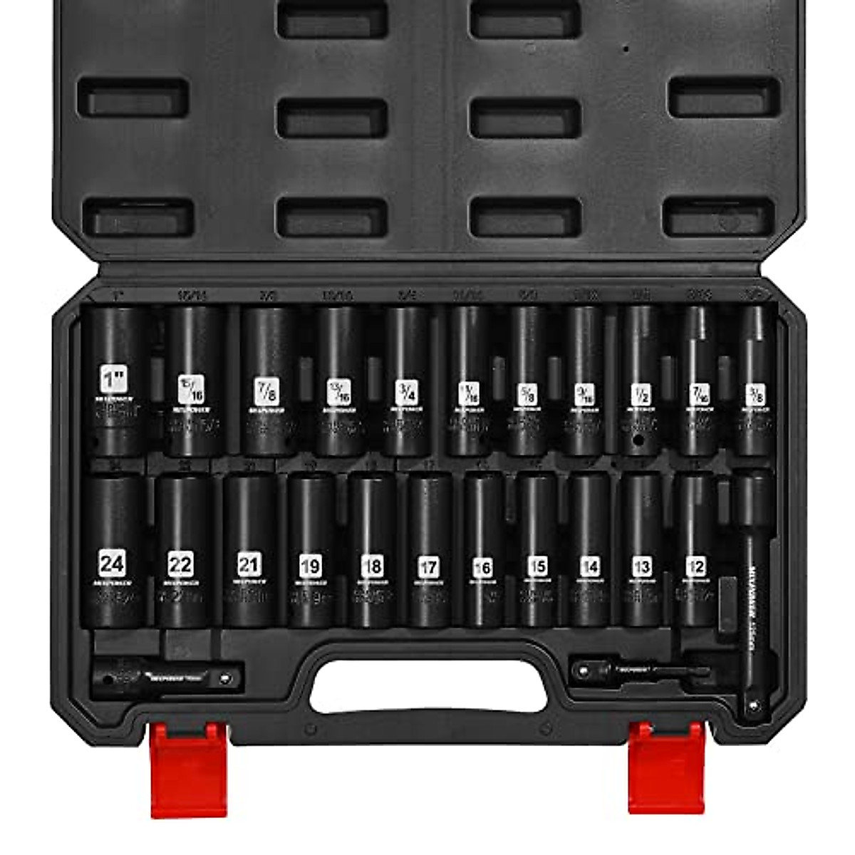 MIXPOWER 25 Pieces 1/2-Inch Drive Deep Impact Socket Set, CR-V, Metric/SAE, Includes 12mm to 24mm, 3/8-Inch to 1-Inch, 3", 5" Extension bars, 1/2"-1/4" Adapter