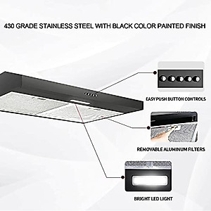 SNDOAS Range Hood 30 inch Under Cabinet with Charcoal Filter,Ductless Range Hood w/ 3 Speed Exhaust Fan,Stainless Steel Black Range Hood w/LED Light,Push Button,Under Cabinet Kitchen Hood
