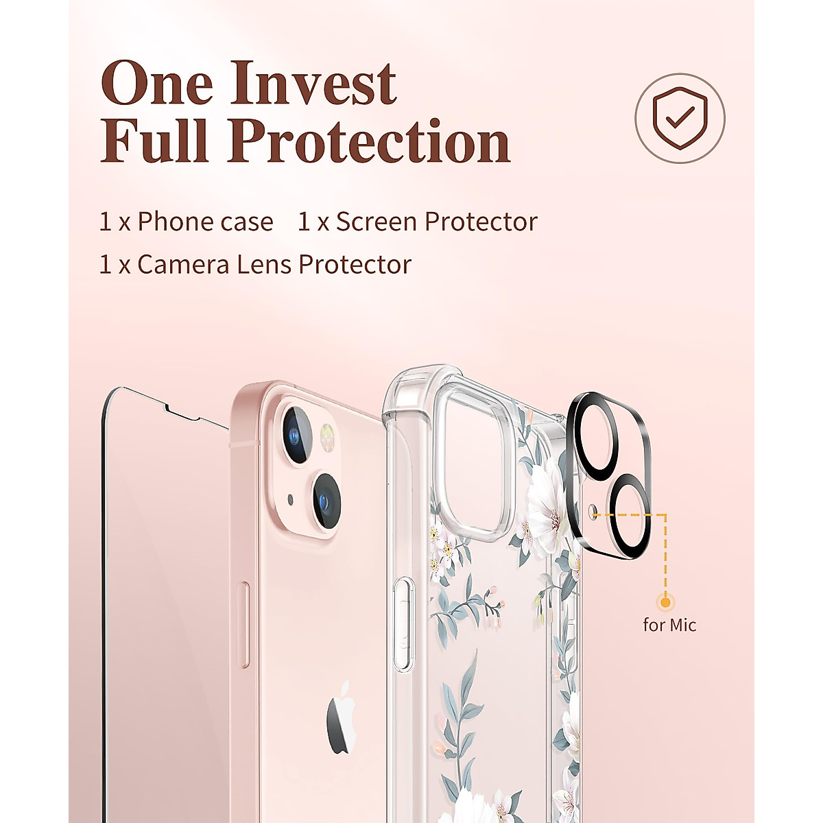 GVIEWIN Bundle - Compatible with iPhone 13 Case (Magnolia/White) + Magnetic Phone Ring Holder (Glitter/Silver)