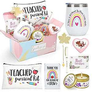 Teacher Appreciation Gifts Basket With Pouch Bag, Bookmarks, Pen Holder, Pen, Candle, Bath Bomb, 12oz Wine Tumbler for Women, Christmas / Back to School Gifts