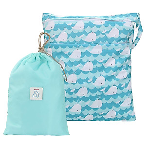 MyKazoe Waterproof Wet Bag Two Zippered Pockets & Multipurpose Drawstring Bag (Blue Whales)
