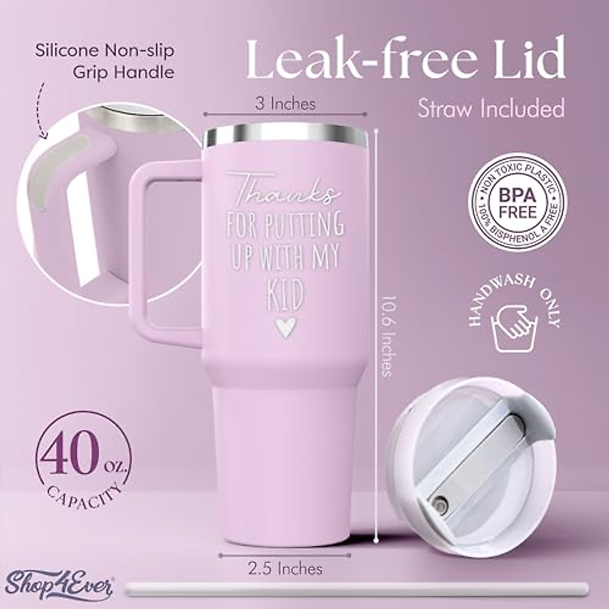 shop4ever Thank You for Putting Up With My Kid Engraved Insulated Stainless Steel Tumbler with Handle, Lid, and Straw 40 oz. Funny Teacher Appreciation Day Gift (Lavender)