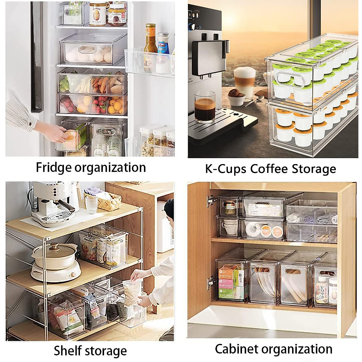 Mano Fridge Drawer Pull Out Stackable Bins with Handle Clear Refrigerator Drawers Organizer Food Storage Container Box with Dividers Plastic Produce Saver for Pantry, Cabinet, Kitchen, Clothes（4Pack）