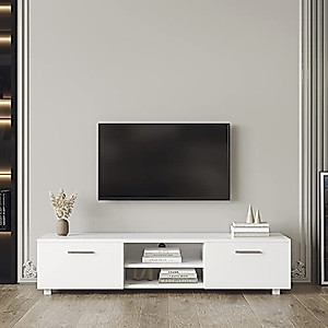 Noskatu Modern TV Stand with 2 Storage Cabinets Entertainment Center for 65 inch TV Simple Television Media Console Table with 2 Open Shelves Wood TV Unit for Home Living Room Bedroom White