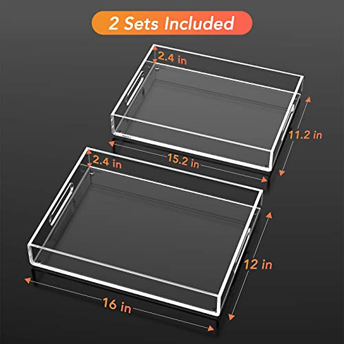 MaxGear Acrylic Decorative Tray Serving Trays with Handles (16 inches, Set of 2), Clear Decorative Tray Coffee Table Nesting Trays Ottoman Tray for Food, Tea, Snacks, Kitchen, Vanity
