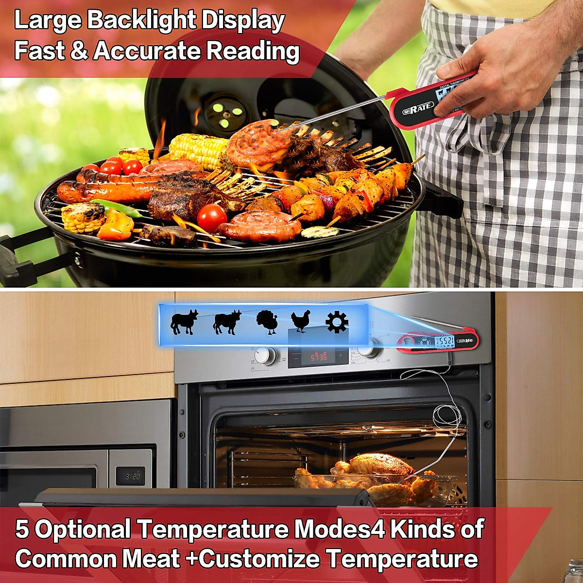 Digital Meat Thermometer for Oven, 5 Meat Temperature Settings 2-in-1 IP67 Waterproof 2s Instant Read Grill Cooking Food Thermometer with Dual Probe Magnet for Kitchen, Grill, BBQ, Turkey（Red）