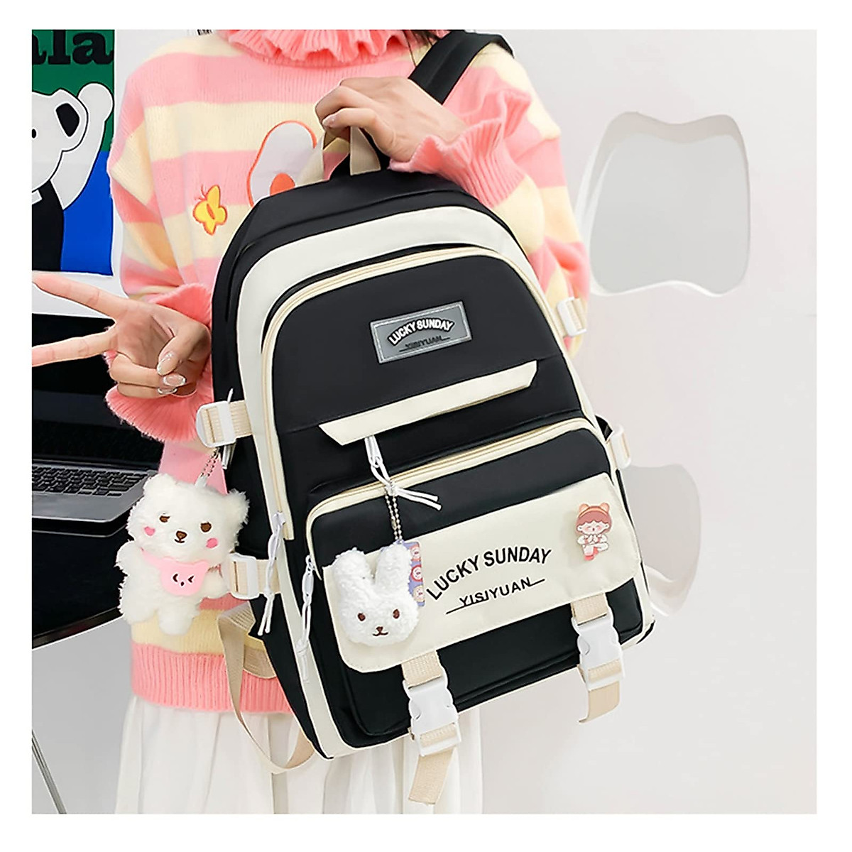 SAMAHBOE Kawaii Backpack set 5 Pcs School Backpack Cute Aesthetic Backpack Set Aesthetic School Bags Cute Bookbag with Badge& Plush Pendan,Shoulder Bag,Pencil Box,Tote Bag,Small Bag