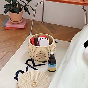 HERCHR Cotton Rope Basket, Small Rainbow Basket Mini Woven Basket Small Round Basket Woven Storage Basket with Lid for Organizing