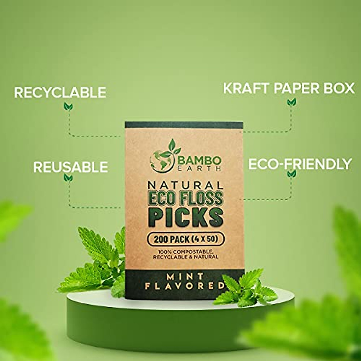 Natural Dental Floss Picks - Eco Friendly Cruelty Free & Vegan Tooth Flossers Pick Set with Biodegradable and Compostable BPA Free Handle & Zero Waste Packaging - 200 Pack (Mint Flavored)