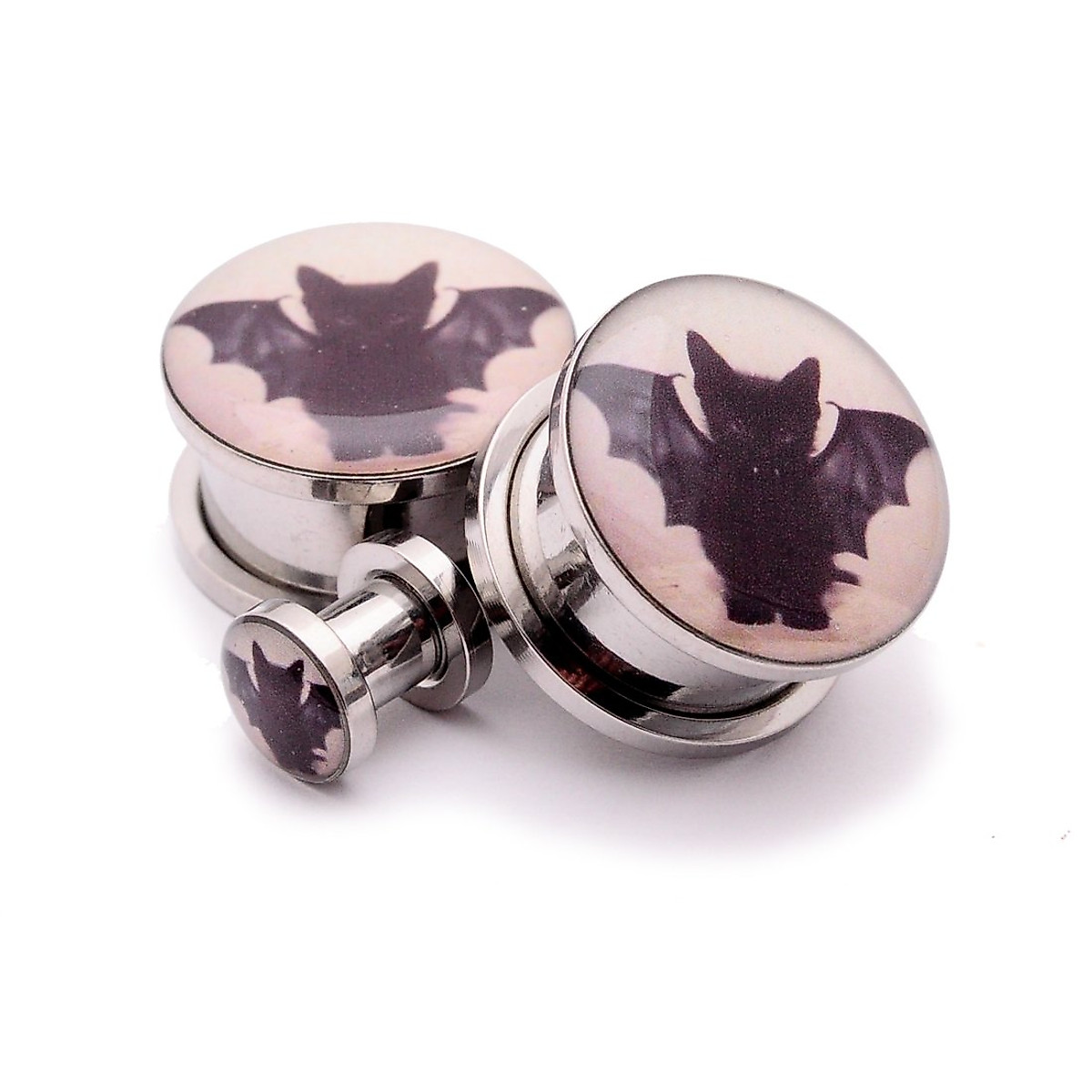 Mystic Metals Body Jewelry Screw on Plugs - Vampire Cat Picture Plugs - Sold As a Pair (5/8" (16mm))