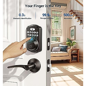 Veise Fingerprint Door Lock with 2 Lever Handles - Keyless Entry Door Lock, Electronic Keypad Deadbolt & Front Door Lock Handle Sets, Auto Lock & 1 Touch Locking, Easy Installation, Matte Black