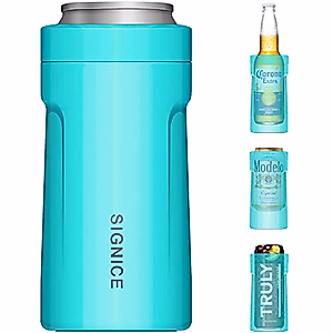 3-IN-1 Insulated Can Cooler - Signice Double Walled Vacuum Insulator Stainless Steel Slim Can Cooler for 12 Oz Skinny Tall Can/Standard Regular Can/Beer Bottle (Aqua)