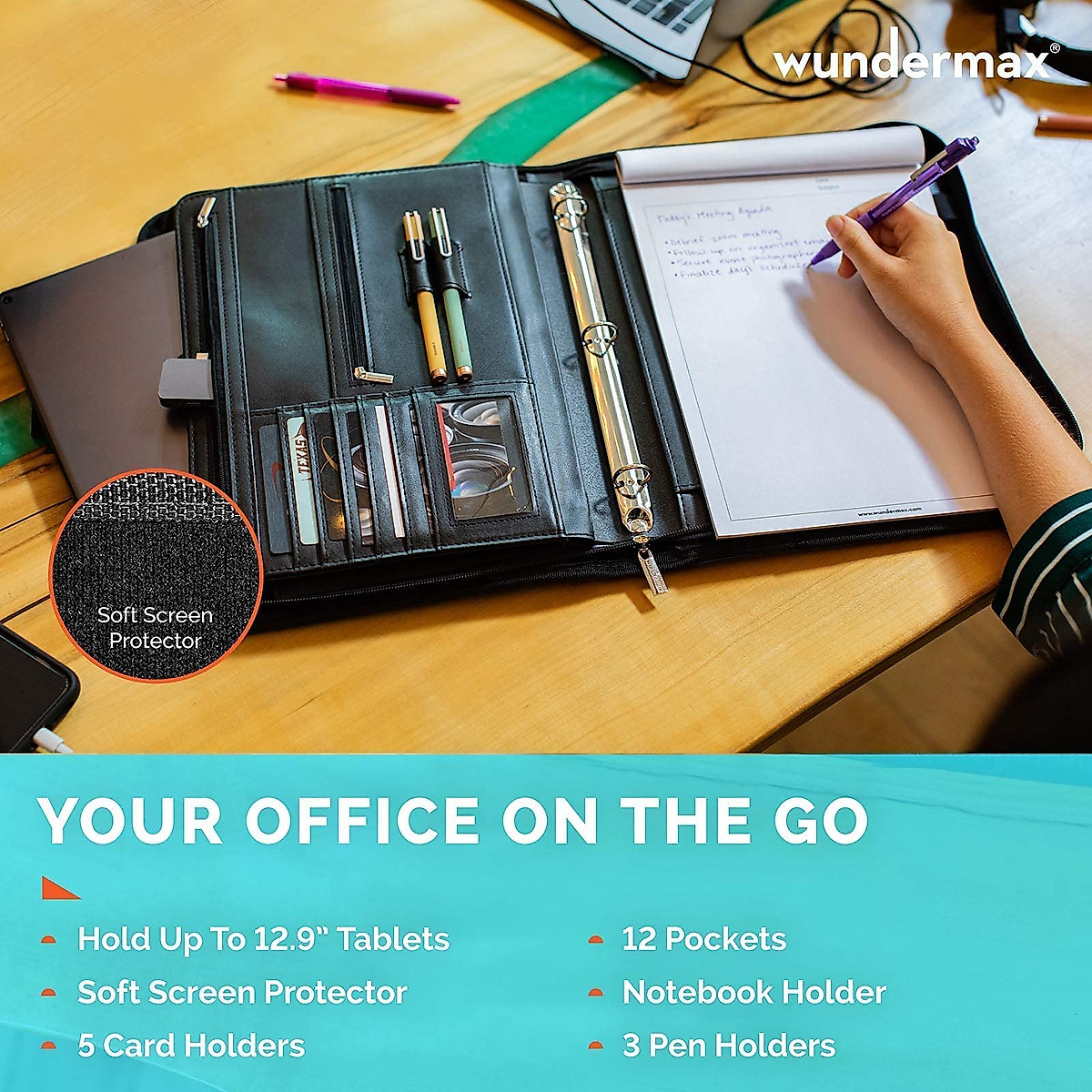 Wundermax Portfolio Binder - 13 x 10.7 x 1.9 Inch, Vegan Leather, 3-Ring Padfolio for Women and Men w/Handle, Zipper, Notepad, Detachable Binder and Pockets for Tablet, Resume and Documents - Black