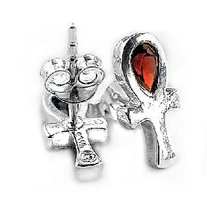 Sterling Silver Garnet Egyptian Ankh Life Stud Earrings