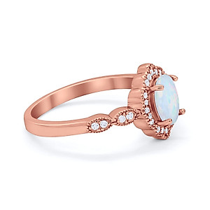 Blue Apple Co. Halo Art Deco Oval Wedding Engagement Bridal Ring Round Rose Tone, Lab White Opal 925 Sterling Silver Size-10