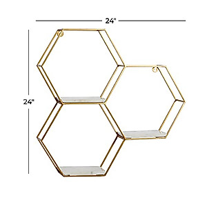 Deco 79 Marble Hexagon 3 Marble Shelves Wall Shelf, 24" x 6" x 24", Gold