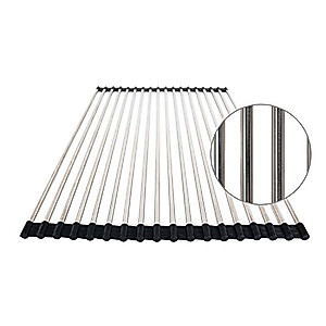 Over The Sink Roll Up Dish Drying Rack with Dish Scrubber | Multipurpose Use | Foldable for Storage | Stainless Steel Pipes | Silicone Coated Caps | 18.5" x 13"