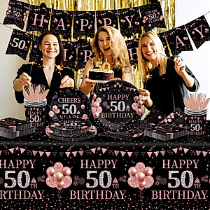 142Pcs Rose Gold 50th Birthday Decorations-Happy 50th Birthday Disposable Tableware for Women Rose Gold Birthday Plates and Napkins Set Serves 20 Guests