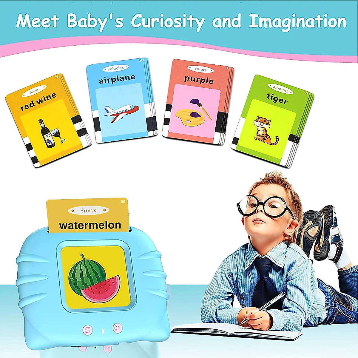 Educational Toddler Toy Flashcards Device,WONFAST 112PCS Double-Sided Illustrations Words Audible Preschool Learning Flash Cards Reader for Kids Boys Girls Birthday Christmas Children Gifts (Blue-1)