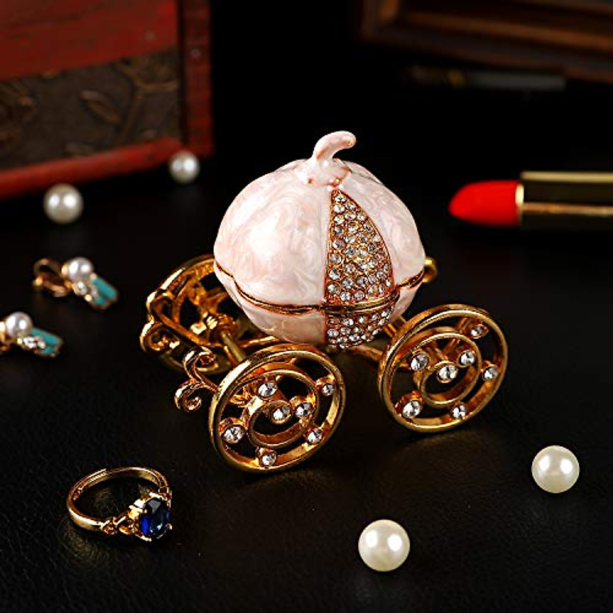 QIFU Hand Painted Enameled Cinderella Pumpkin Carriage Decorative Hinged Jewelry Trinket Box Unique Gift for Family
