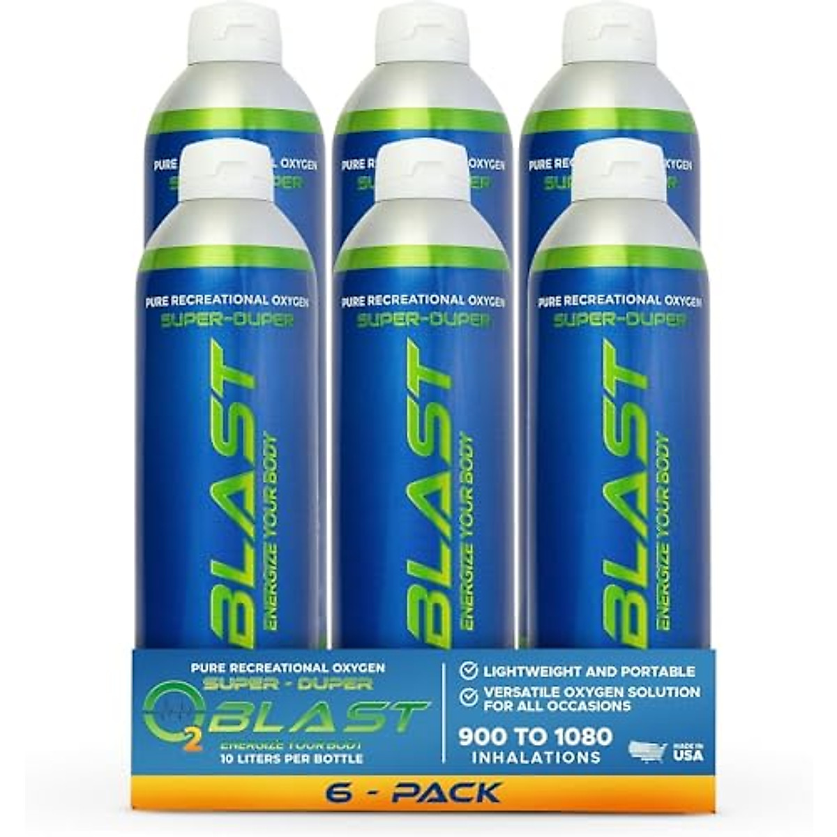 O2 Blast Oxygen Cans, 10 Liter 6 Pack Pure Oxygen Canisters with Sanitary Flip Top Cap, Portable Supplemental Oxygen for Breathing & High Altitude, Reduce Recovery Time & Increase Oxygen Levels.