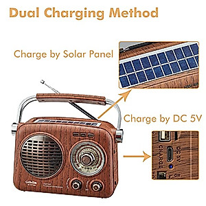 Gelielim Retro Radio Bluetooth Speaker with Clear Sound, Portable Radio AM FM Shortwave Radio with Best Reception, Solar/Rechargeable Transistor Radio, Support TF Card/USB Playing for Gift,Elder,Home