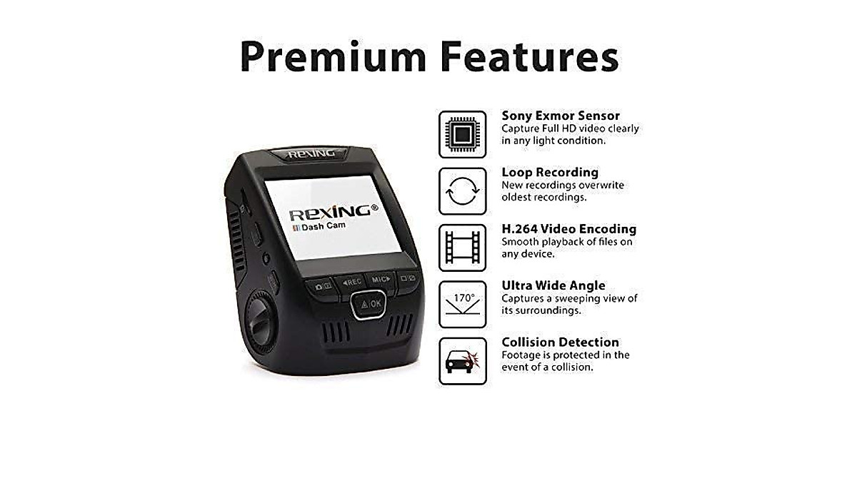 Rexing V1 Basic Dash Cam 1080P Full HD, Wide Angle, Night Vision