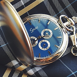 Speidel Silver-Tone Pocket Watch with Blue Dial and 14" Chain