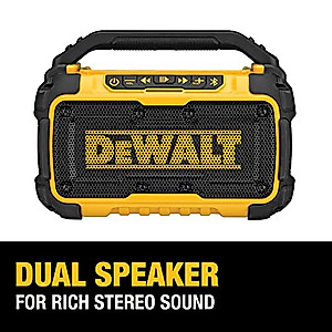 DEWALT 20V MAX Bluetooth Speaker, 100 ft Range, Durable for Jobsites, Phone Holder Included, Lasts 8-10 Hours with Single Charge (DCR010), Yellow/Black