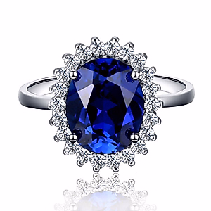 ZHUANBAI Ring of Princess Diana S925 Silver Oval Blue Stone Colored Stones Rings Prong Setting Women (10X12mm)
