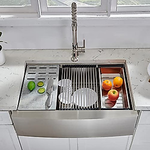 UFaucet 33 Inch Stainless Steel Farmhouse Sink, 33x22 Apron Front Sink Ledge Workstation, 16 Gauge Deep Single Bowl Kitchen Farm Sink with Accessories