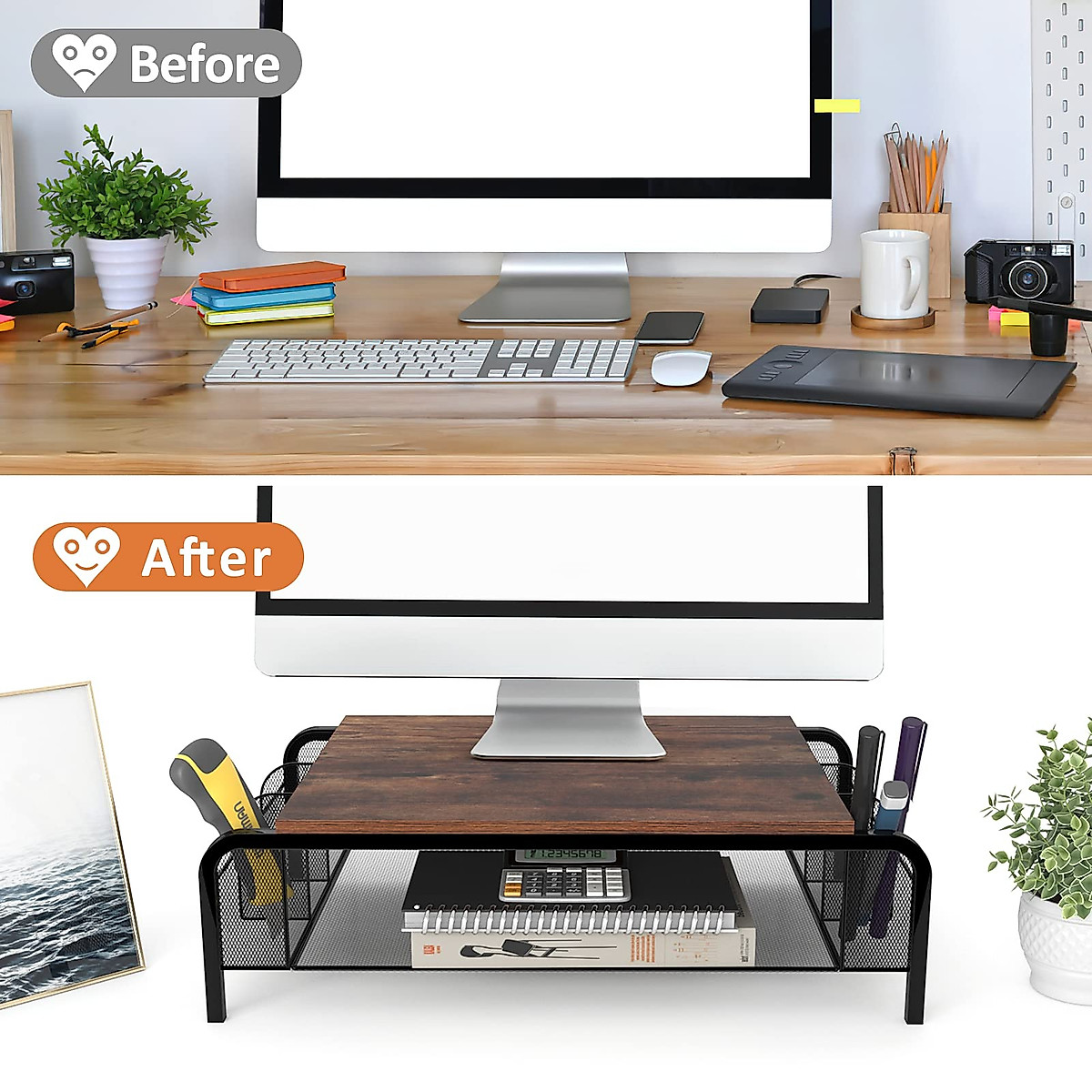 Trwcrt Metal Desk Monitor Stand Riser with Organizer Drawer, Rustic Monitor Riser for Computer, Small Printer, Laptop, Black and Brown
