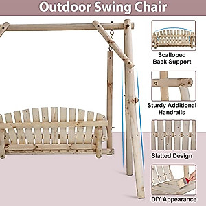 Outdoor Wooden Porch Swing 67 Inch Log Swing with Stand, A-Frame Yard Swing Set Patio Furniture Modern 2 Person Swing Sturdy Garden Bench Swing Rustic Curved Back Swing Chair for Adults