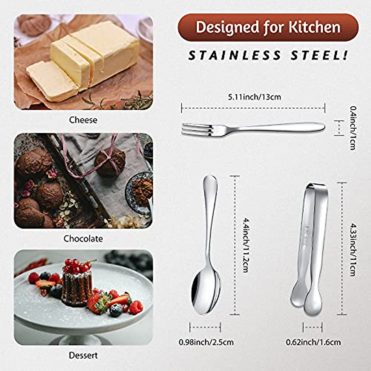 24 Pieces Charcuterie Accessories for Party, Appetizer Forks and Spoons Stainless Steel Charcuterie Utensils Mini Serving Tongs for Valentines Party Salad Dessert Cocktail (Silver, Vivid Sharp Spoon)