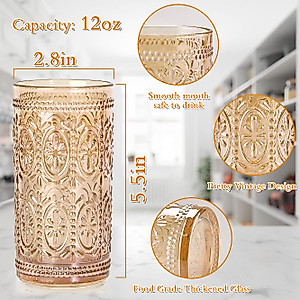 6 Pack Highball Beverage Glass Cup, 12oz Amber Glassware Drinking, Vintage Embossed Drinking Glasses, Old Fashioned Glass for Party Wedding Home Office and Gift