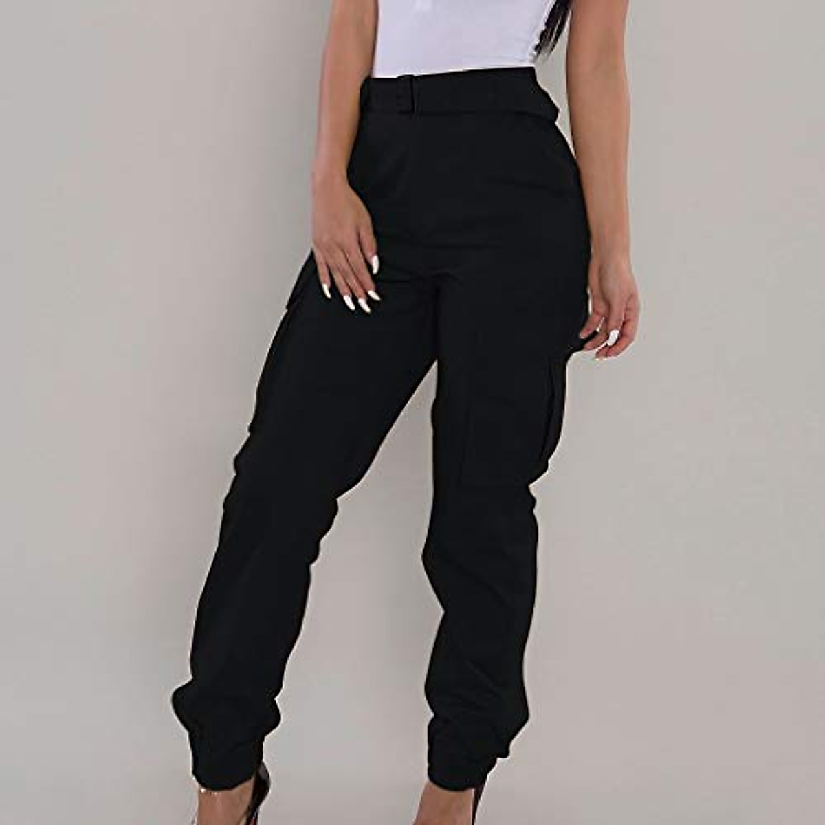 Womens Cargo Trousers Casual Stylish Military Combat Solid Pants Pocket Trousers Black