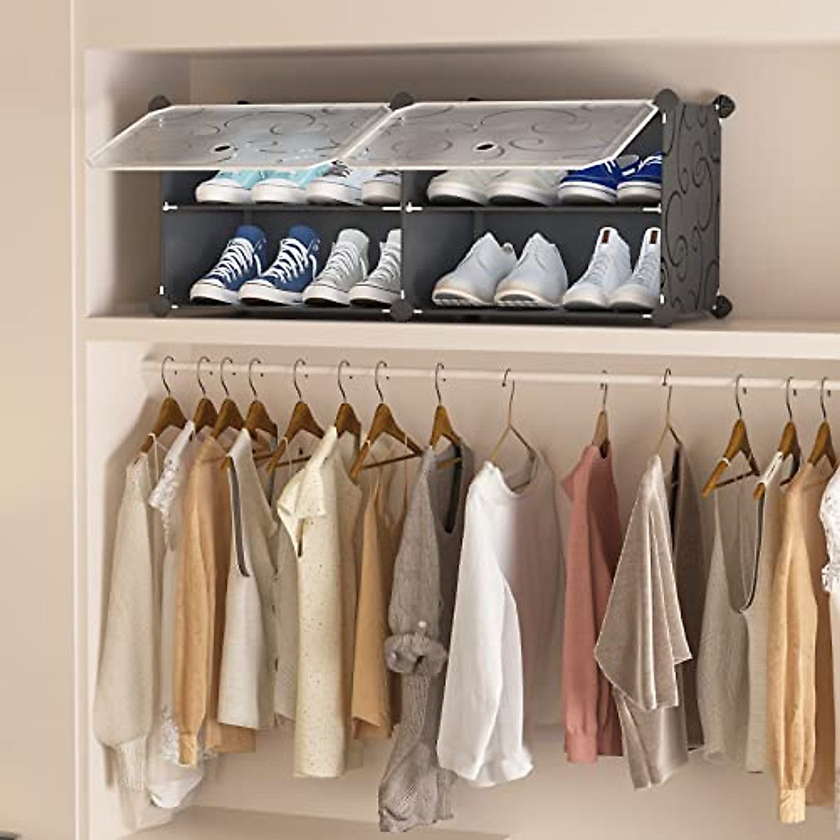 MAGINELS 8 Pair Portable Shoe Rack Small DIY Shoe Storage Shelves Closet Shoe Organizer Underbed Storage Organizer, Stackable, Black