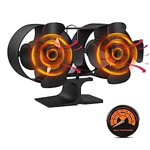 Double Motors Wood Stove ，8-Blade FanSilent Heat Warm Air Powered Fireplace Eco Stove Fan Small Size for Gas Pellet Wood Log Burning Stoves with Thermometer