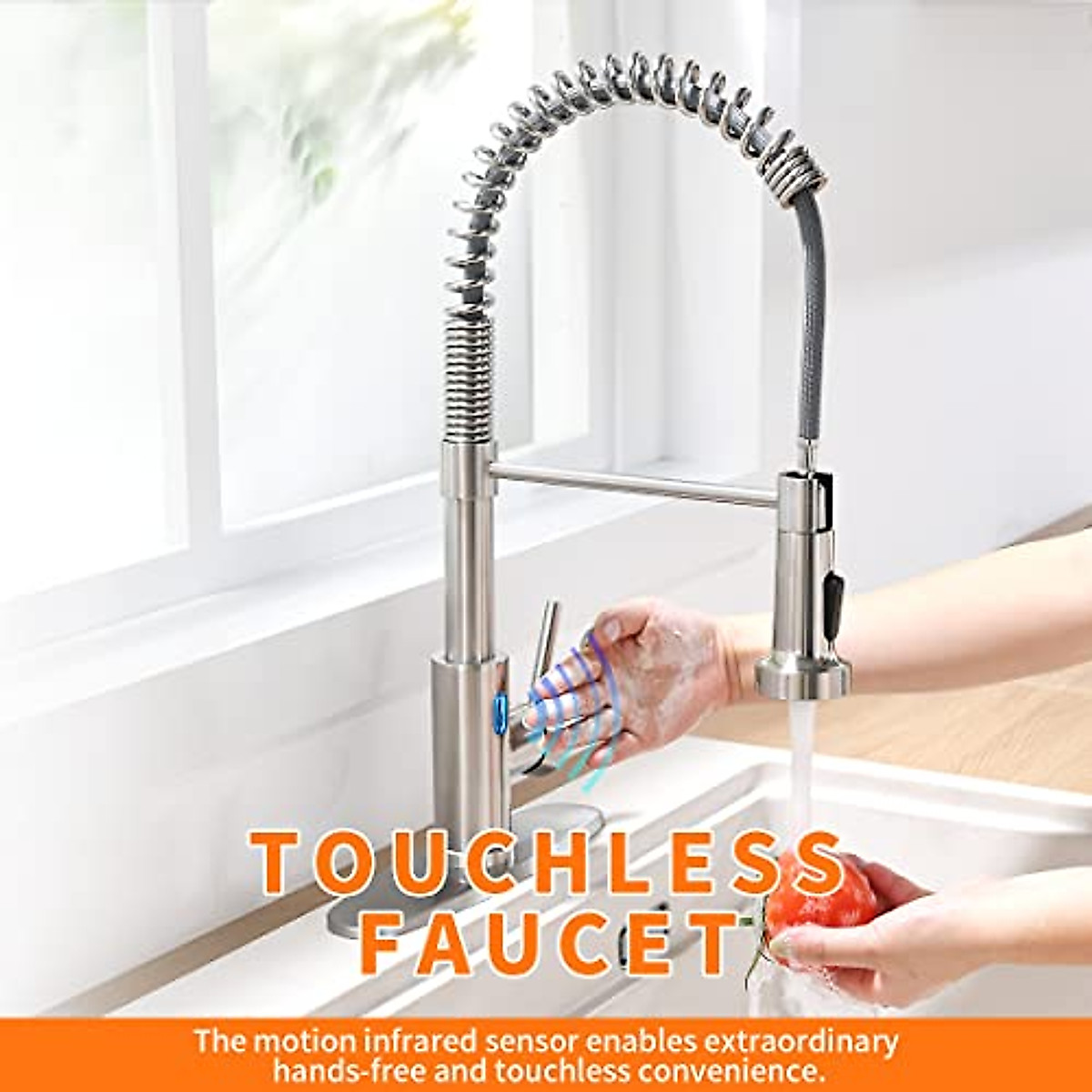 OWOFAN Touchless Kitchen Faucet with Pull Down Sprayer LED Light Single Handle Kitchen Sink Faucet Motion Sensor Smart Hands-Free, Stainless Steel Brushed Nickel 1080SN