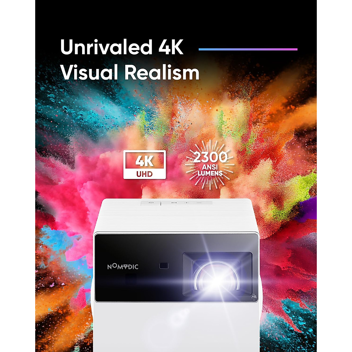 NOMVDIC P1000 Short Throw Projector 4K, 2300 ANSI Lumens with H/K Speaker, 180" Big Screen, Auto Focus & Keystone, 4K Gaming Projector 4.2ms Low Latency (Fire TV Stick 4K Max Included)