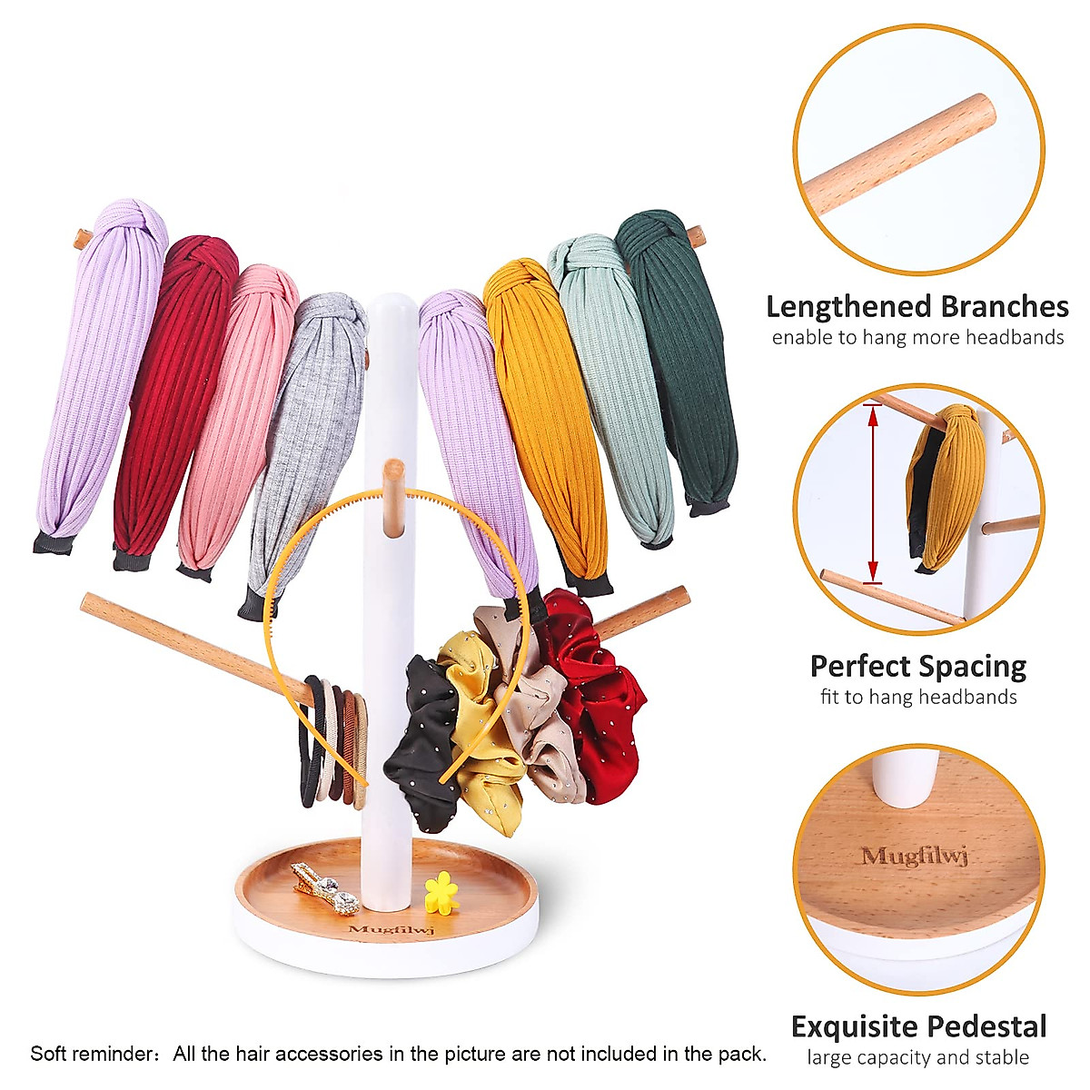 MUGFILWJ Headband Holder Organizer with 6 Branches Wooden Scrunchie Display Hanger with Bottom Bracket for Hair Hoop Hairband Jewelry Claw Clips Perfect Gifts for Girls and Women(white)