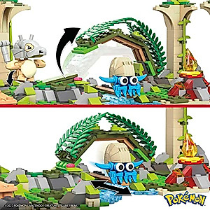 MEGA Pokemon Action Figure Building Toy, Jungle Ruins with 464 Pieces, Motion and 3 Characters, Cubone Charmander Omanyte, Gift Idea for Kids